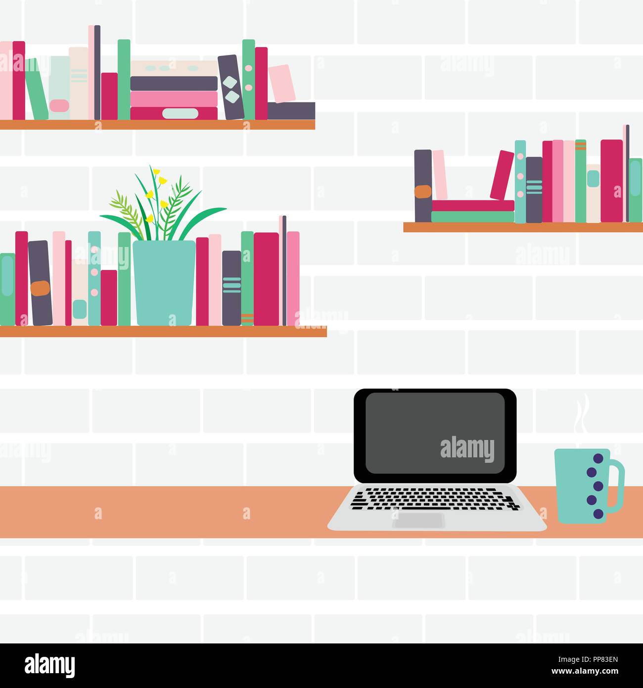 Vector illustration. Workplace. Computer and bookshelves on a brick ...