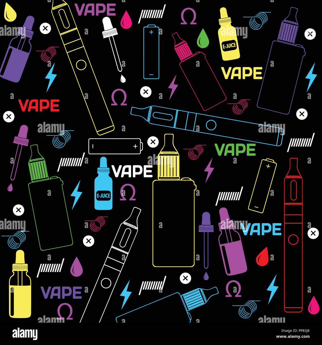 Vape shop or e-cigarette store colorful background texture on black ...