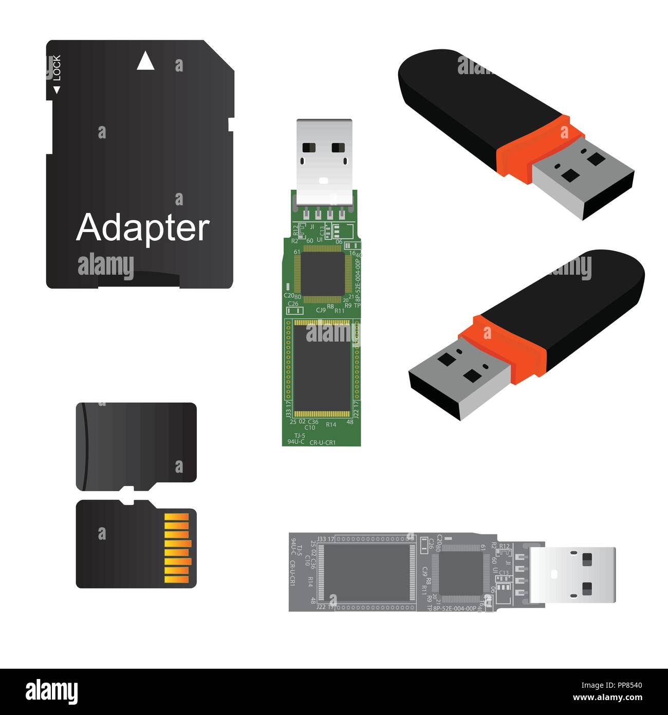 Stock flash drives. Internal structure of the stick. Micro SD flash ...