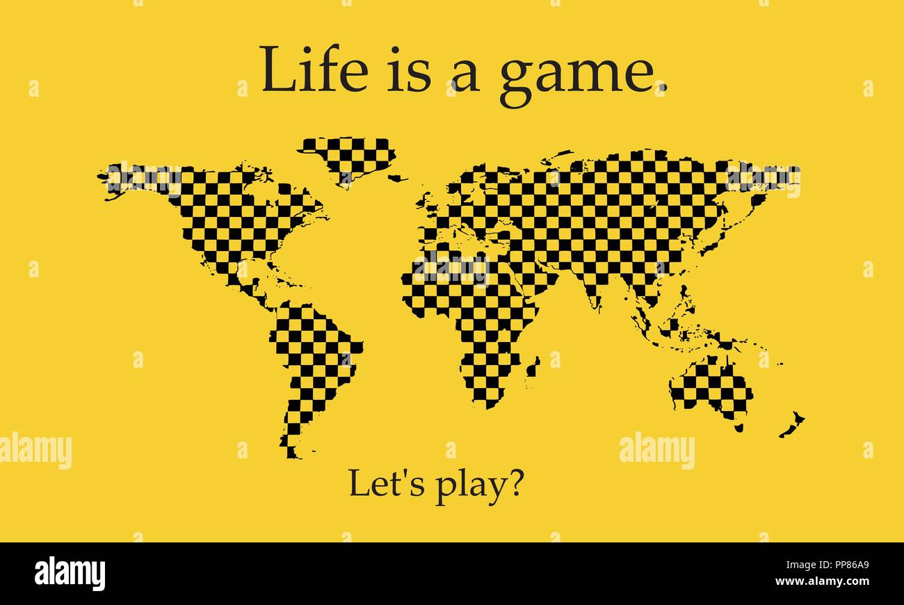 Conceptual background with world map covered with chess texture ...