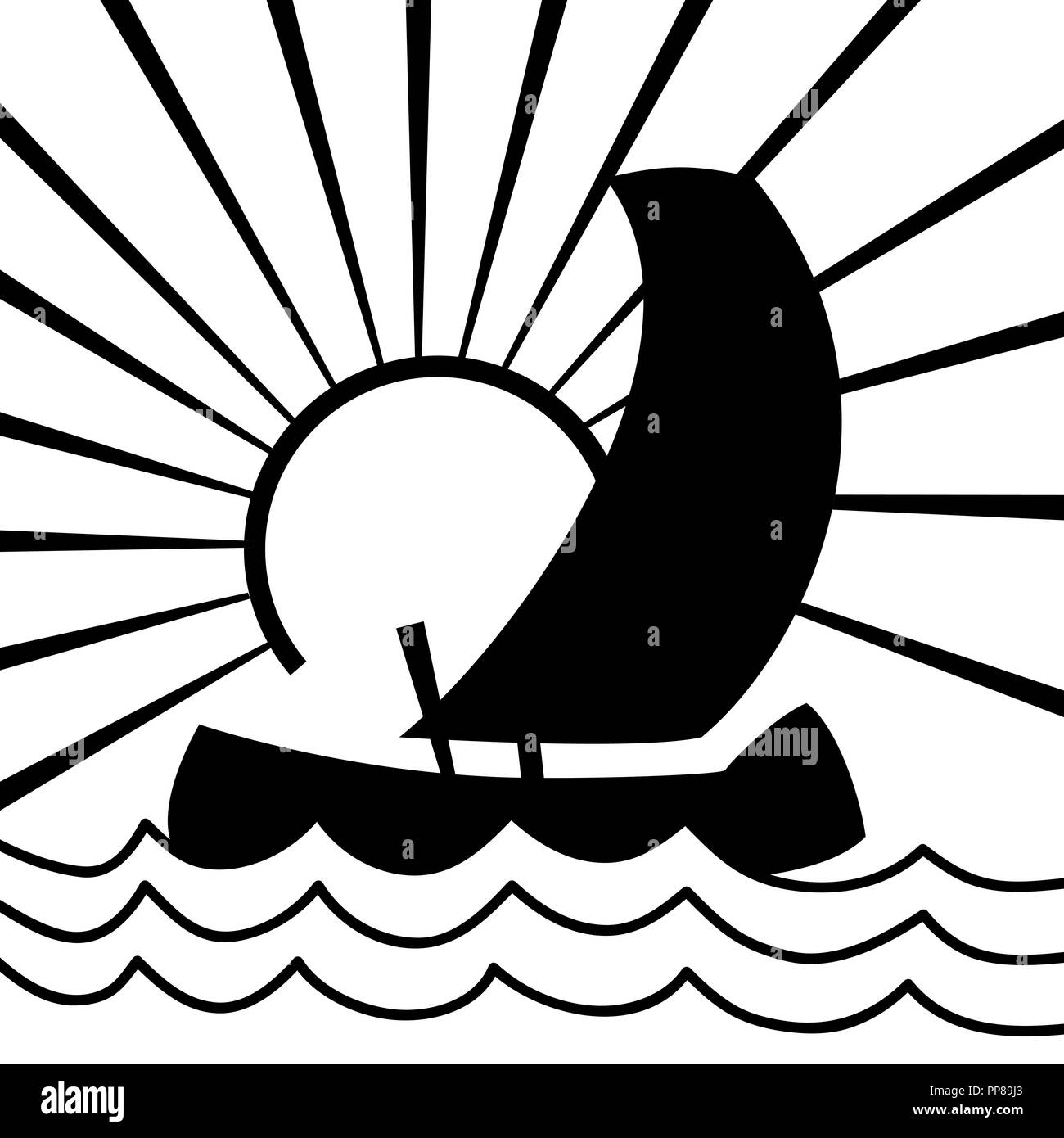 Vector illustration of a ship with a sail on the waves and the sun with ...