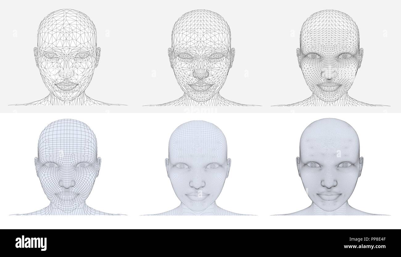Set of vector girl's head in different variants mesh. From the simple ...