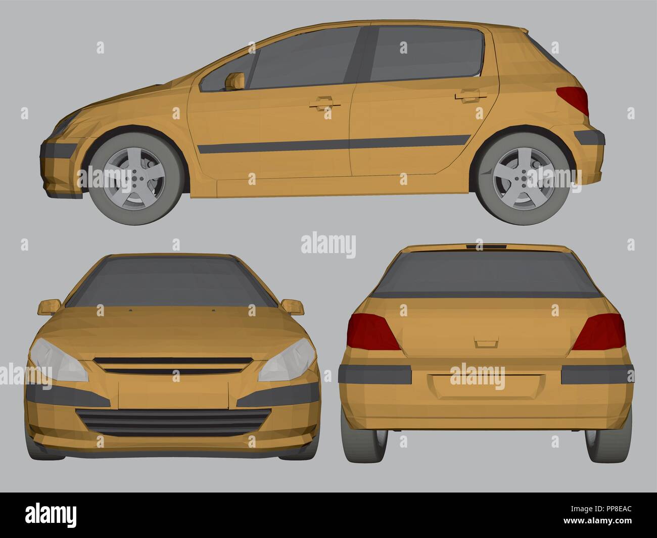 Vector illustration of 3D polygonal side view of car, the front and ...