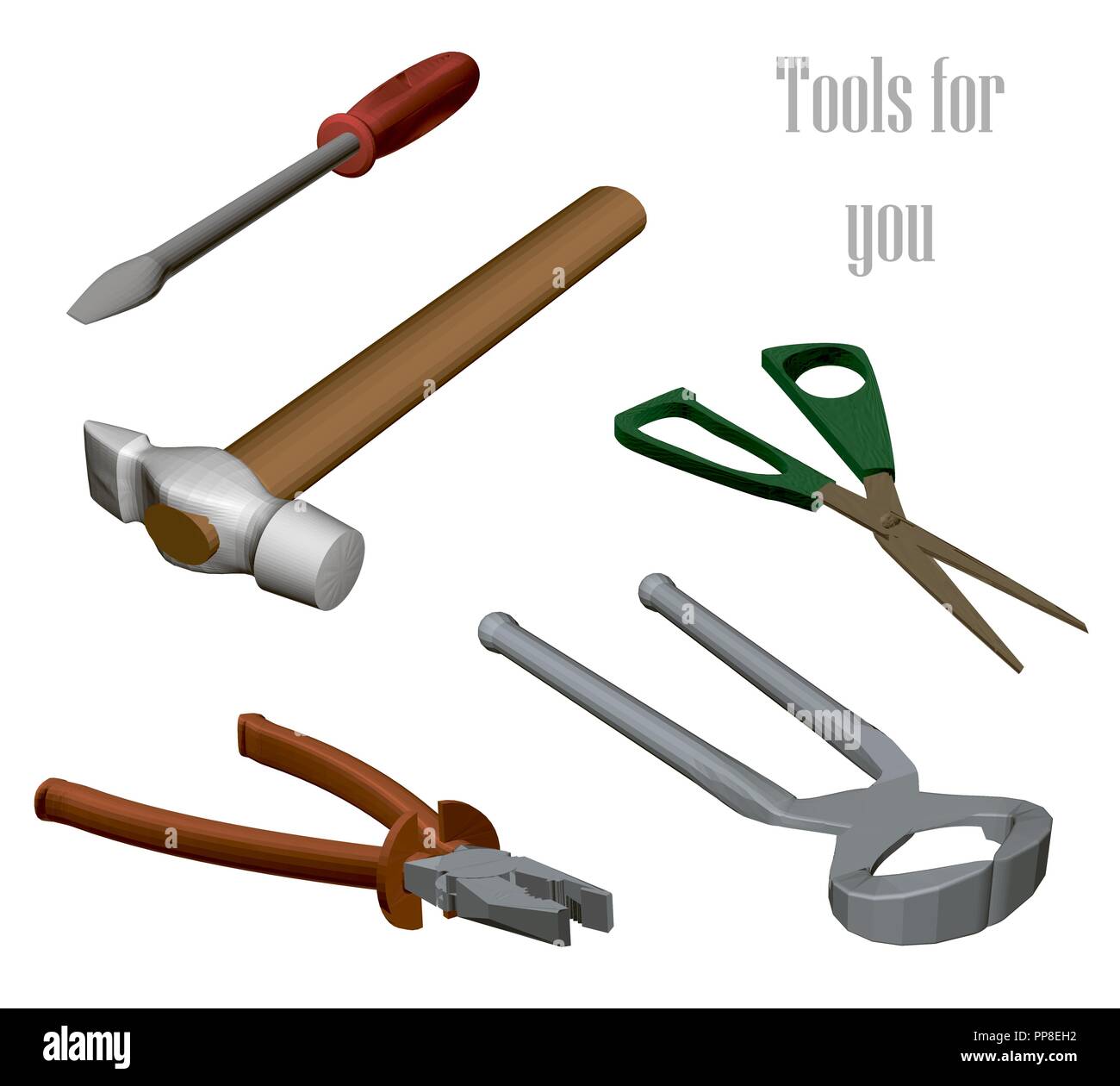 A set of tools containing a hammer, nippers, scissors, screwdriver ...