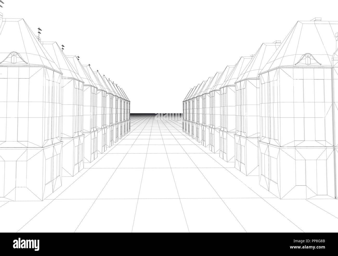 Vector illustration of houses arranged in two rows. Isometry. Contour ...