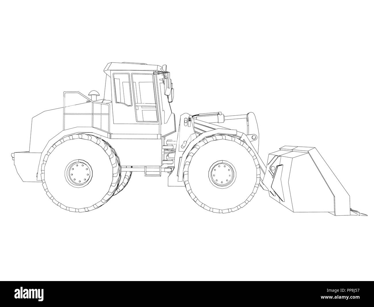 Outlines of a bulldozer on a white background. The structure of the ...
