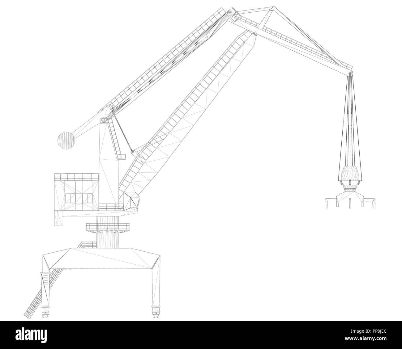 Outlines of a crane on a white background. Lifting crane side view 3d ...
