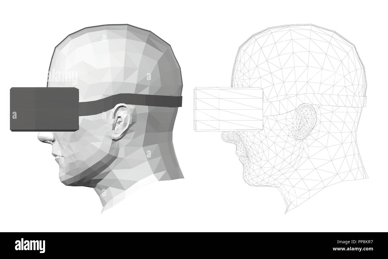 Polygonal head of a man in virtual reality glasses. Side view. The head ...