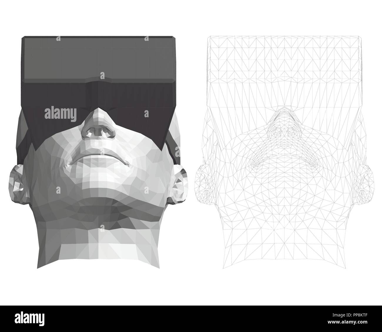 Polygonal head of a man in virtual reality glasses. Front view. The ...