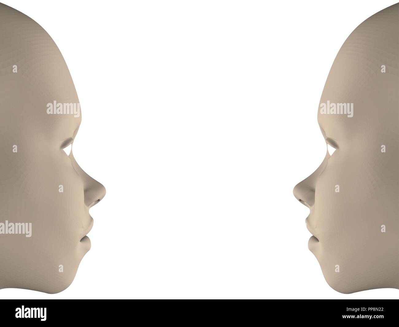 Background with two faces located opposite each other. 3D. A woman's ...