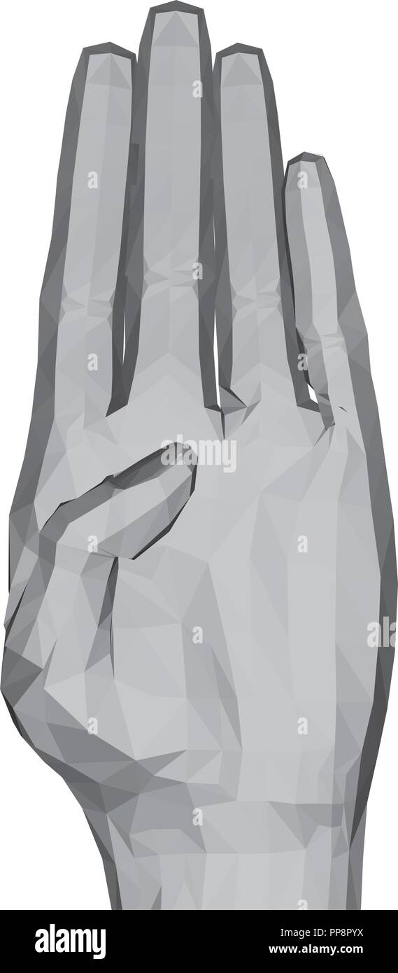 3D polygonal hand. The hand shows the palm with the fingers tightly ...