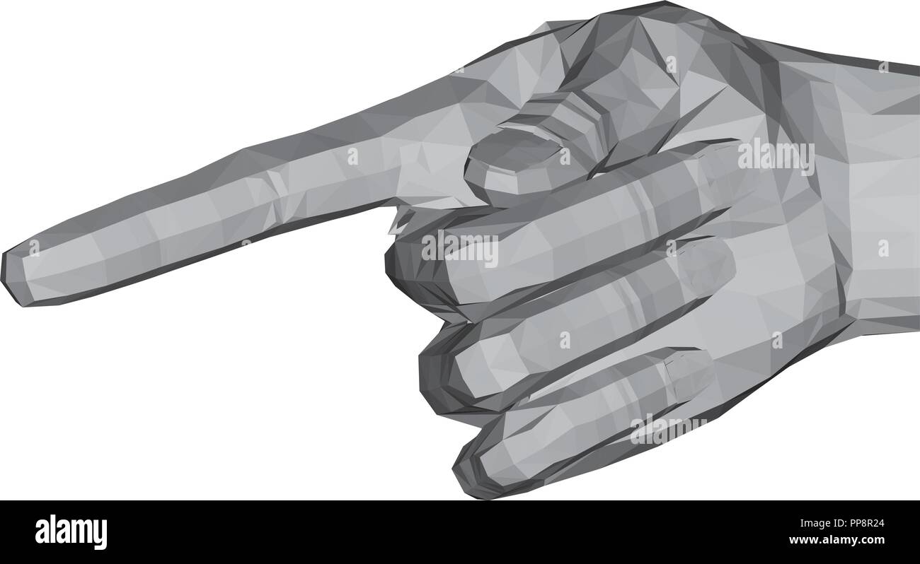 3D polygonal hand. The index finger shows to the left and slightly down ...