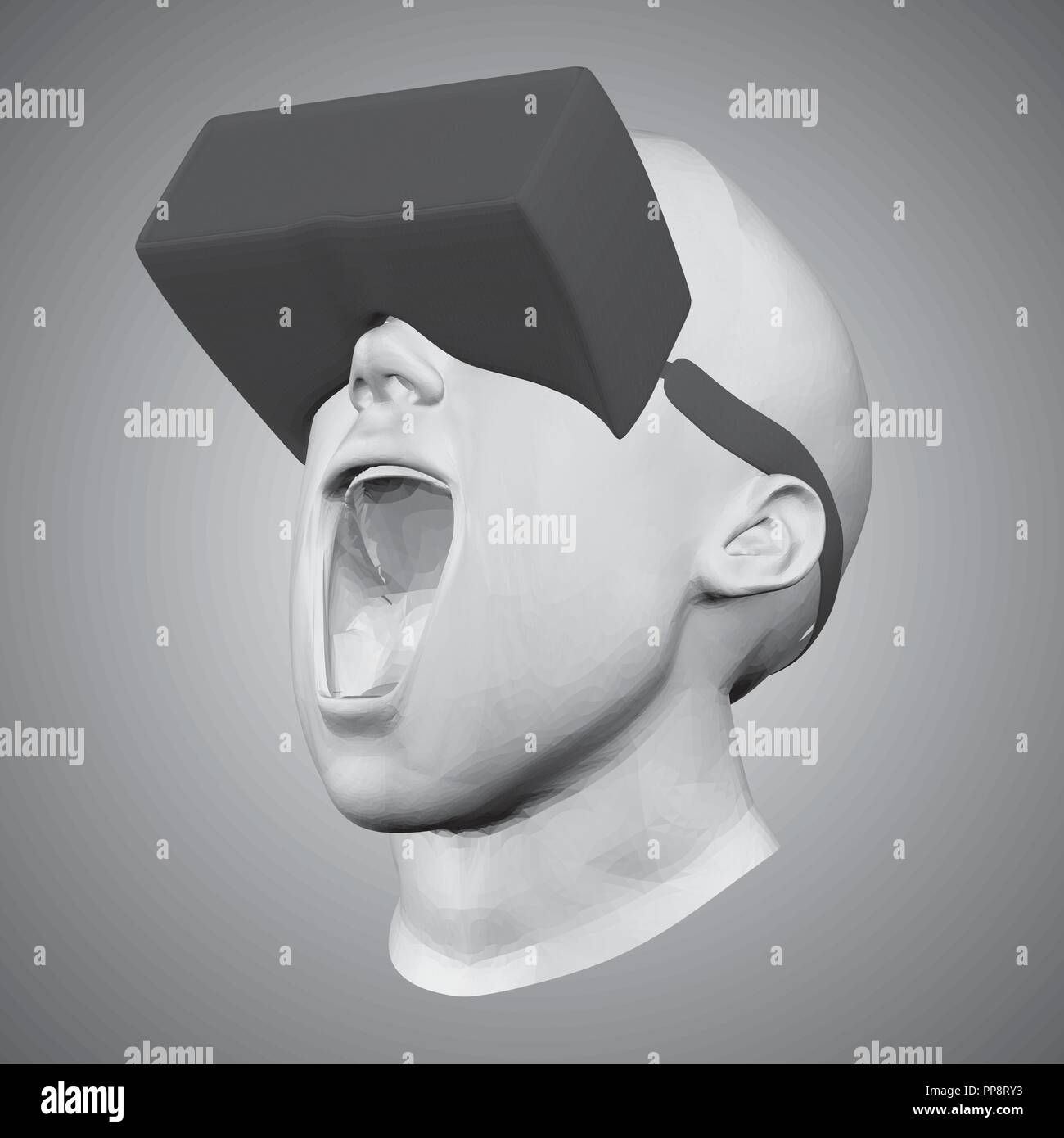 The head of a man in virtual reality glasses. A man screams with his ...