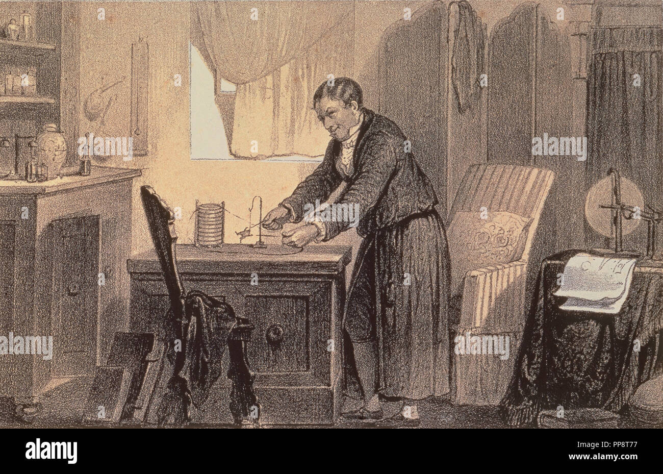 ALESSANDRO VOLTA (1745-1827) EXPERIENCING WITH HIS ELECTRIC BATTERY ...