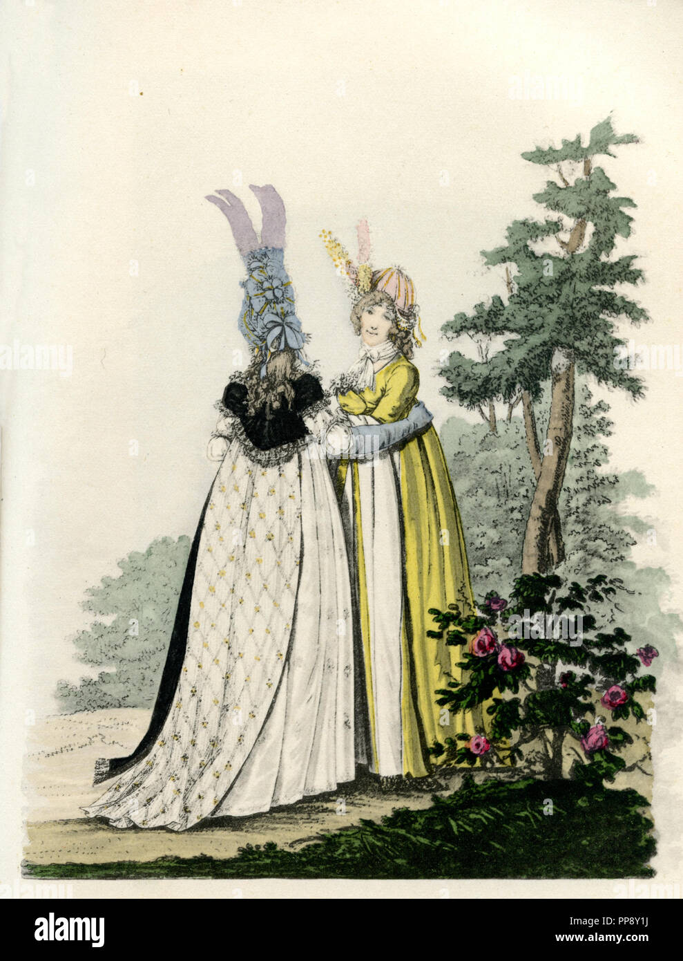 Ladies with headdress on a walk. From Gallery of fashion, London, 1796 ...