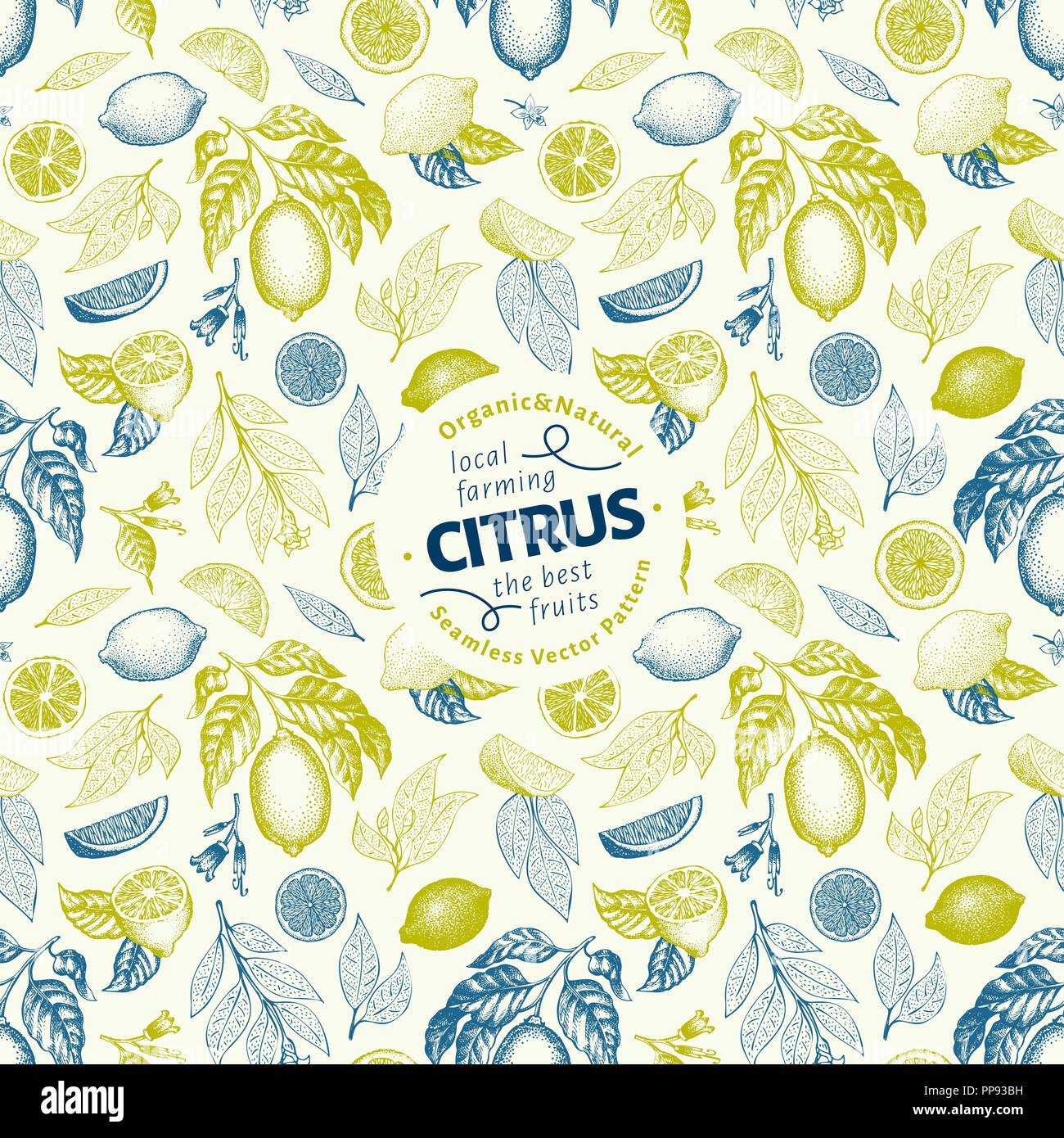 Lemon design template. Fruit seamless pattern. Hand drawn vector fruit ...