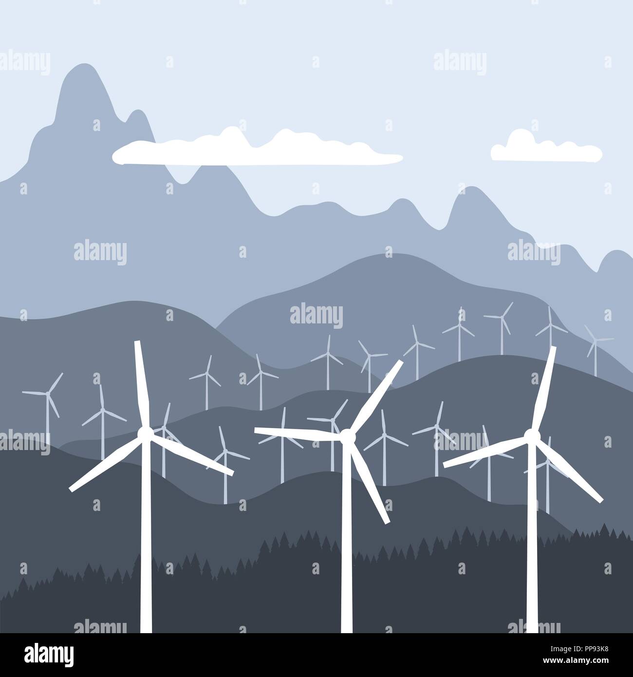 Wind farm - renewable energy wind turbines generation. Vector ...
