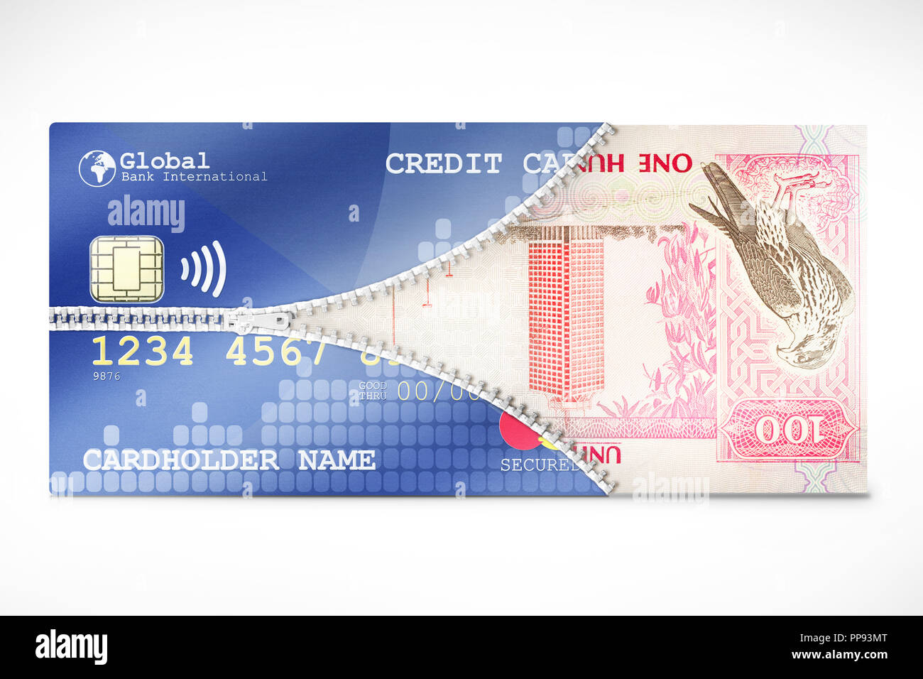 A Credit Card zipping open to release a fiat money bill symbolizing ...