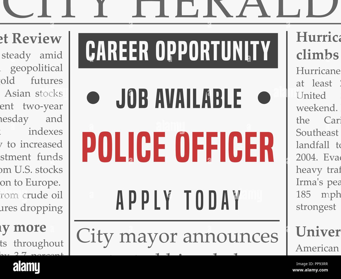 Police force career - job hiring classified ad vector in fake newspaper ...