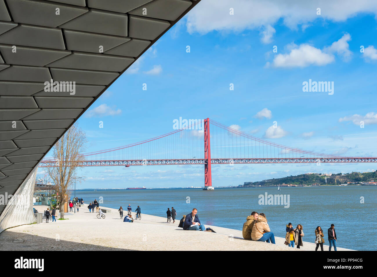 25 April Bridge, former Salazar bridge, over the Tagus river viewed ...