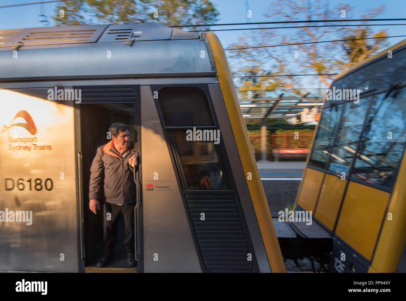 A train Conductor or Guard watches carefully as a Tangara model train ...