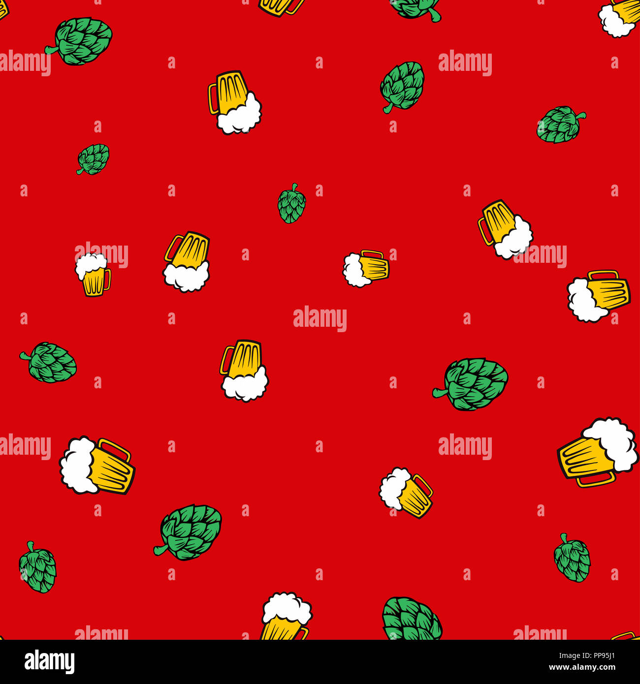 Beer and hop pattern seamless. illustration. Red background Stock Photo ...