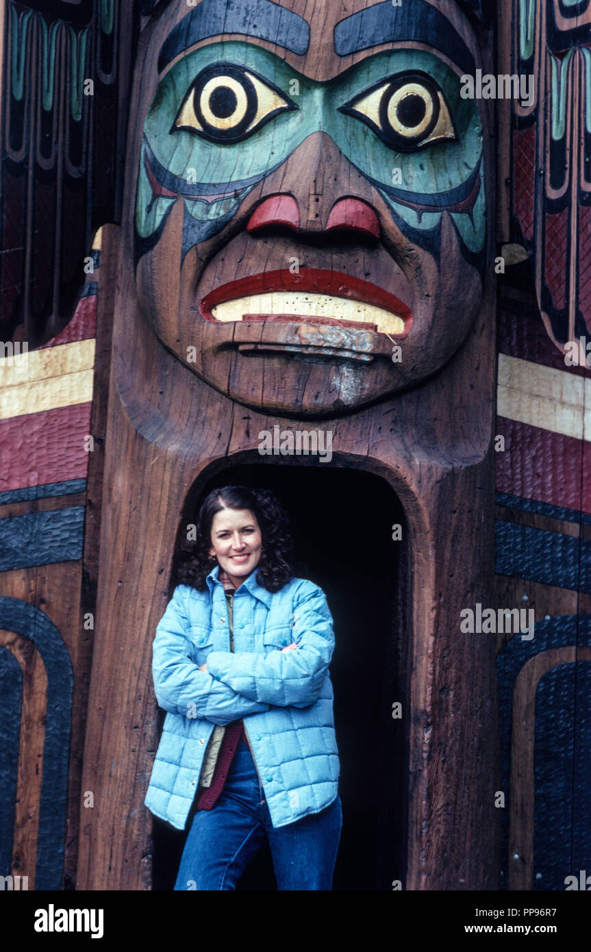 Beautiful Young Woman Smiling at a Totem Pole, Alaska, 1981, USA Stock ...