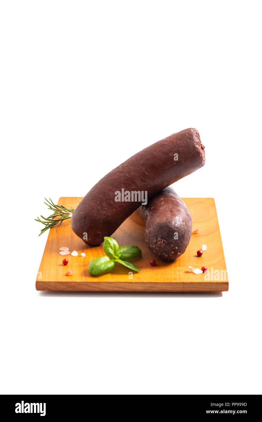 Food concept Raw Blood pudding black sausages on white background Stock ...