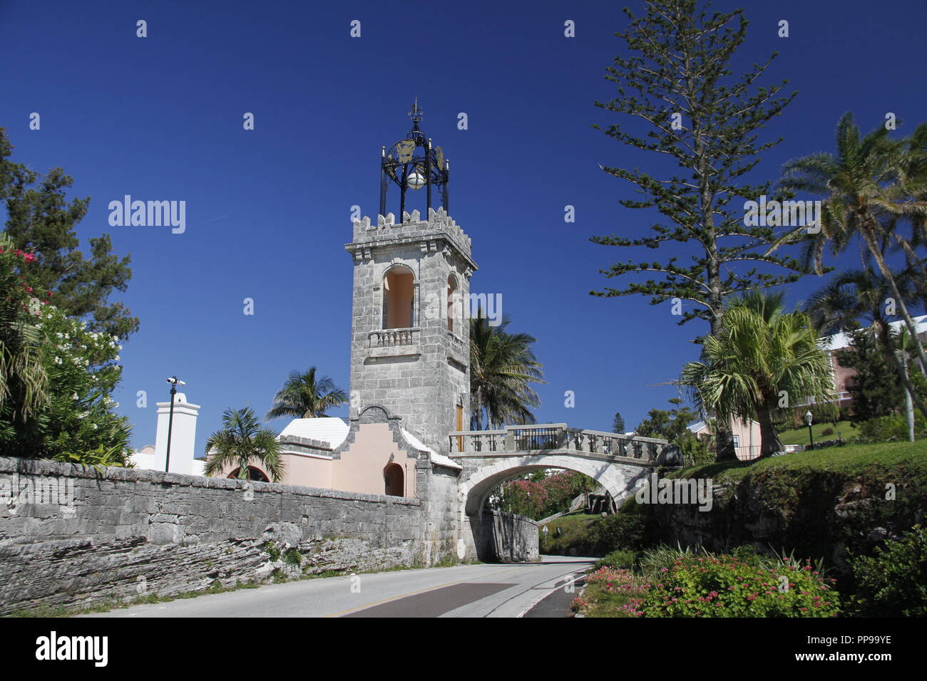 Manor House bridge over Harrington Sound Road to the Manor House tower ...