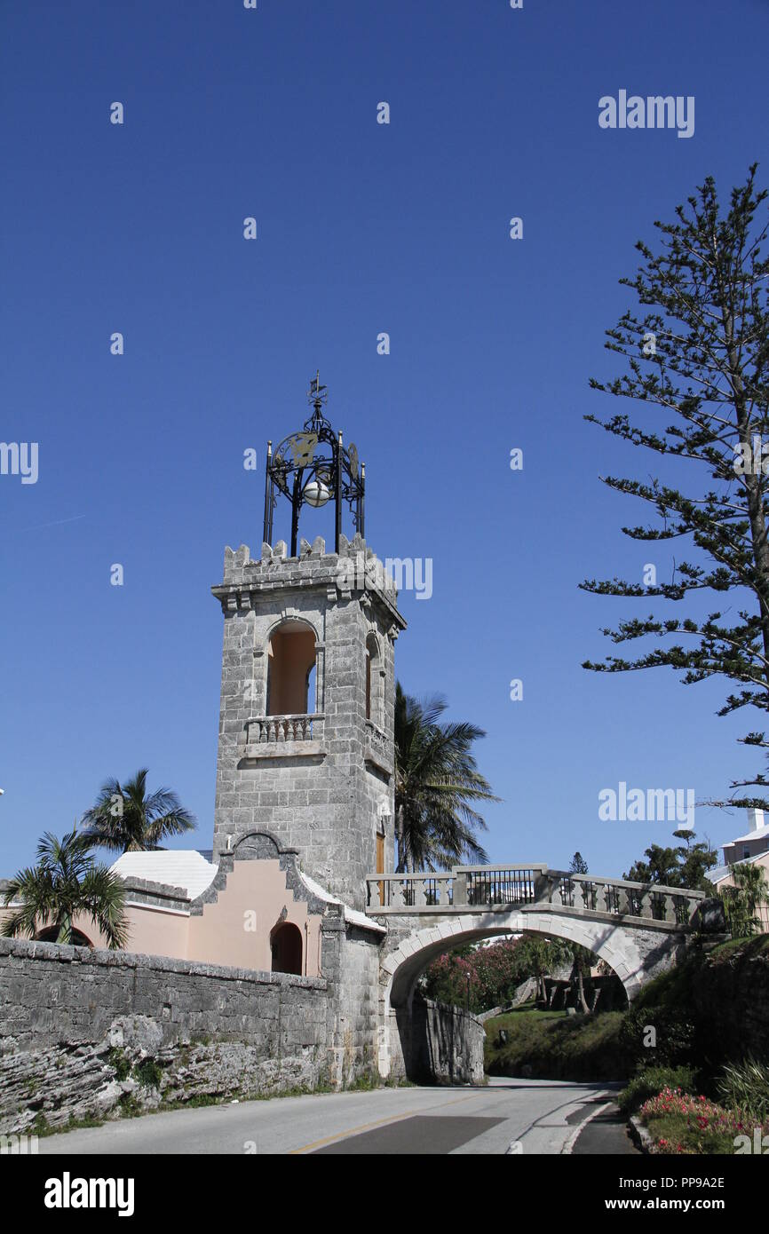Manor House bridge over Harrington Sound Road to the Manor House tower ...