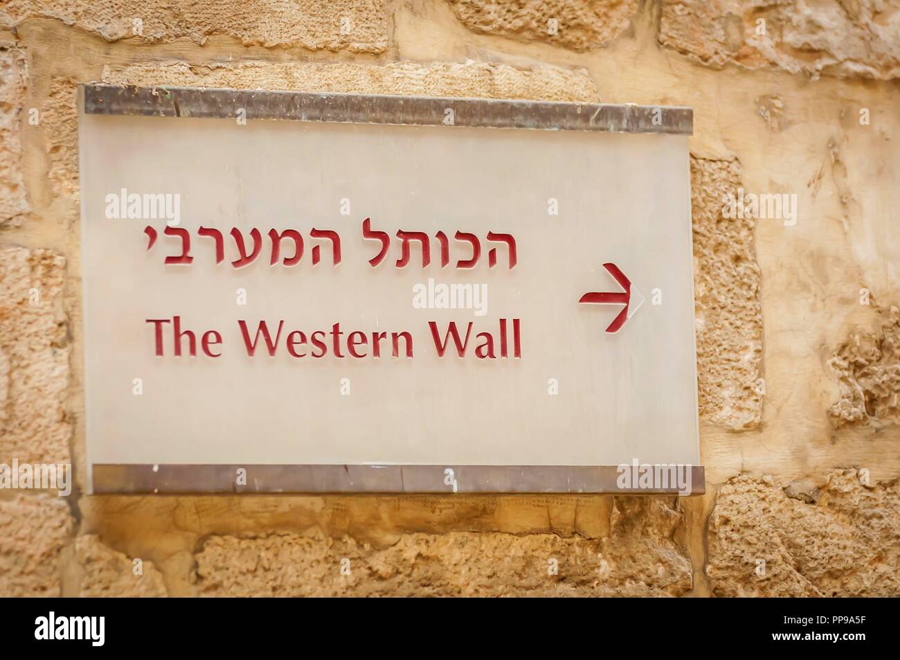 Street sign that shows the way to the Western wall. A direction sign ...