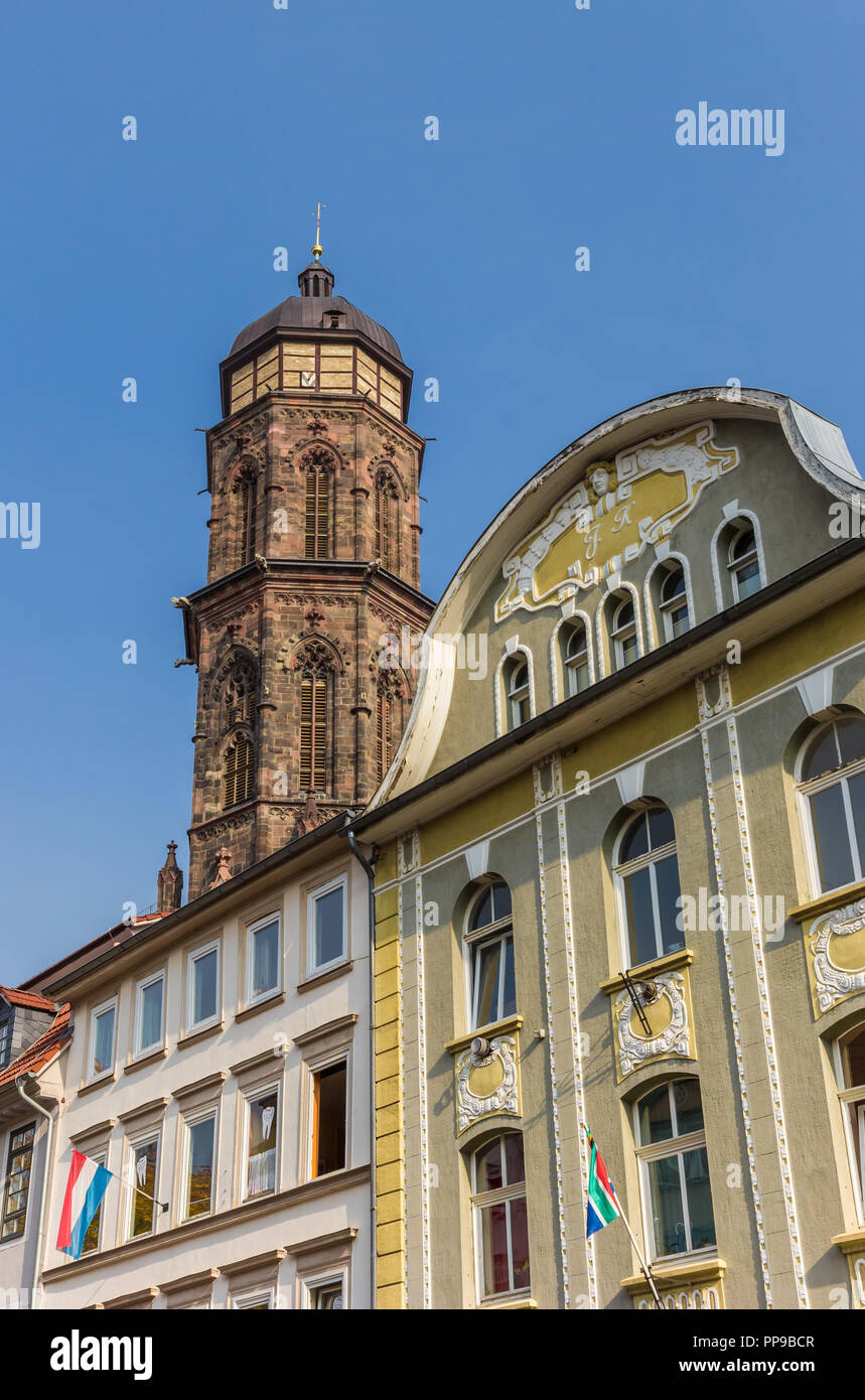 Decorated facade and St. Jacobi tower in Gottingen, Germany Stock Photo ...