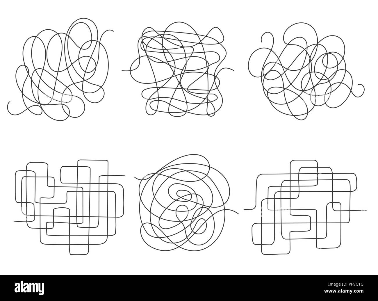 Chaos lines. Tangled clew set vector illustration, insane scribble ...