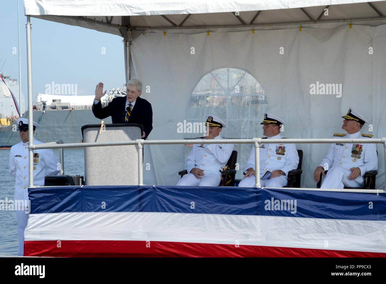 NORFOLK, Va. (Aug. 15, 2018) The Honorable John Warner addresses guests ...