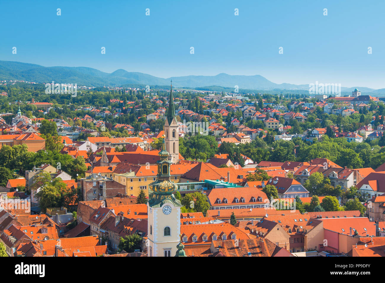 Zagreb center, aerial view, rooftops and church towers, Medvednica ...