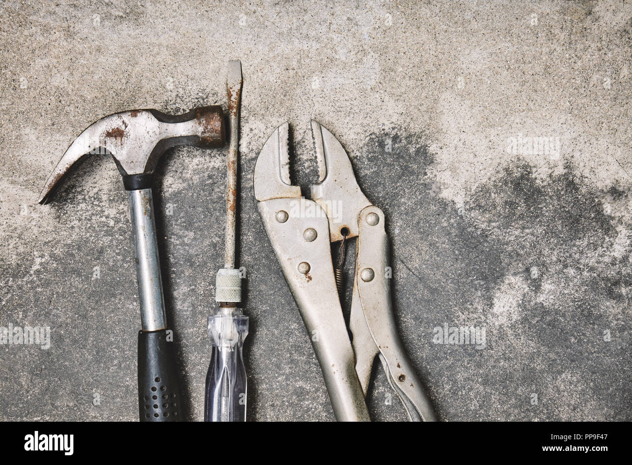 Home working tools for repairing, Old steel hammer, screwdriver and ...