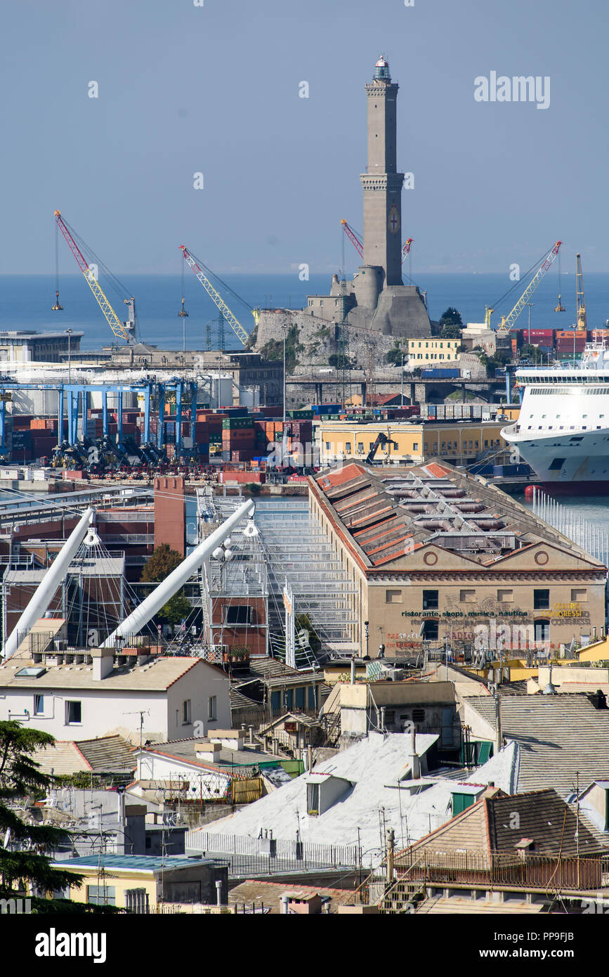 View over the old port and the Lantern, lighthouse symbol of Genoa ...