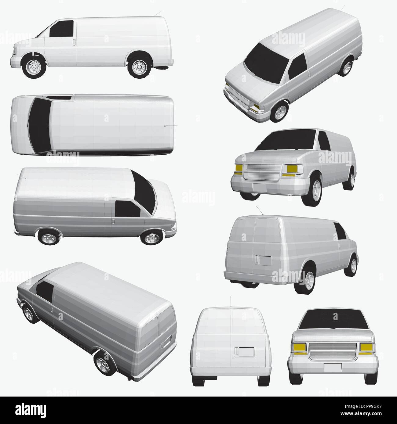 Set with a van in different positions. 3D. White van in different ...