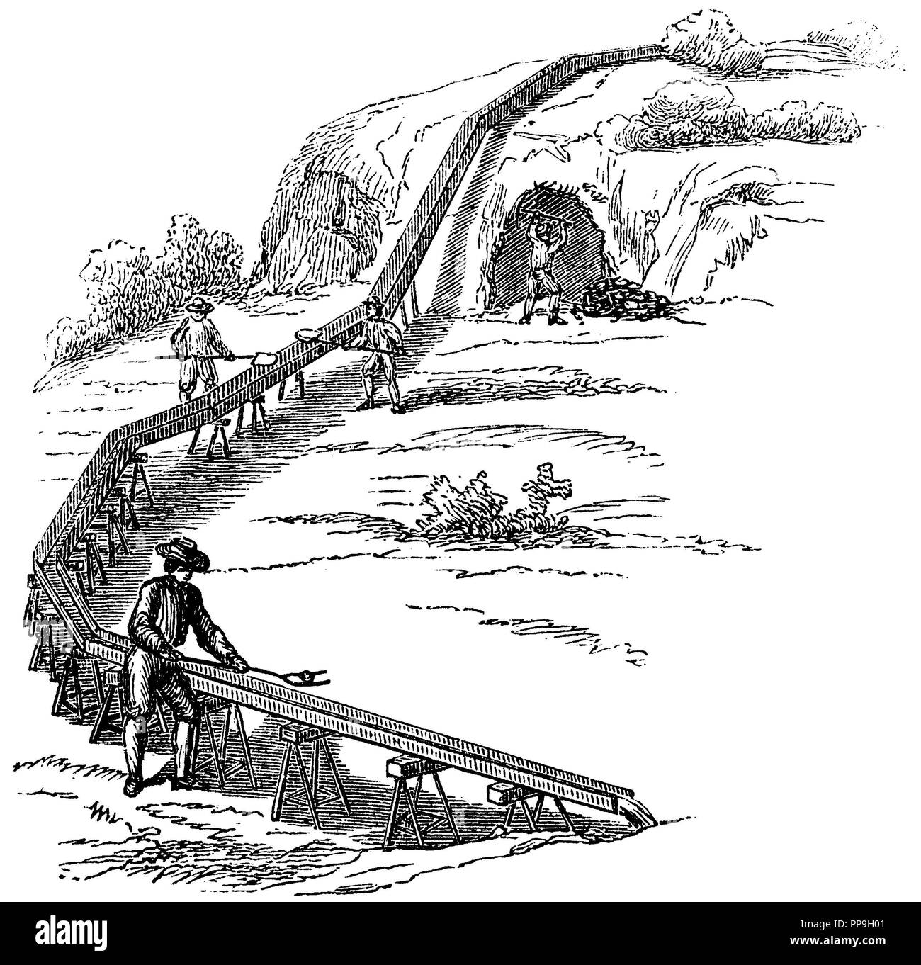 Panning for gold at the water channel, 1872 Stock Photo - Alamy