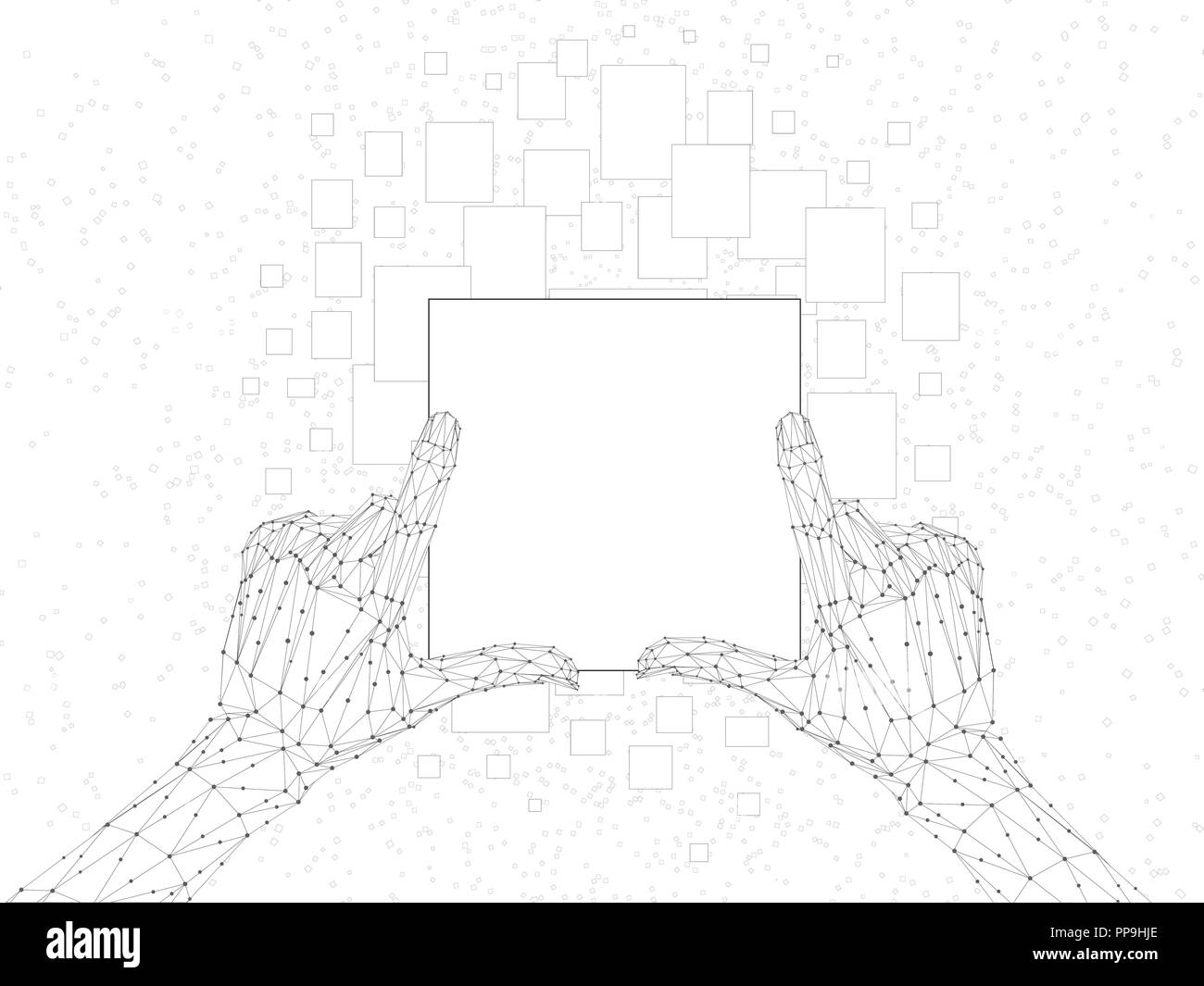 Human hands interact with modern technologies. Geometric style 3D ...