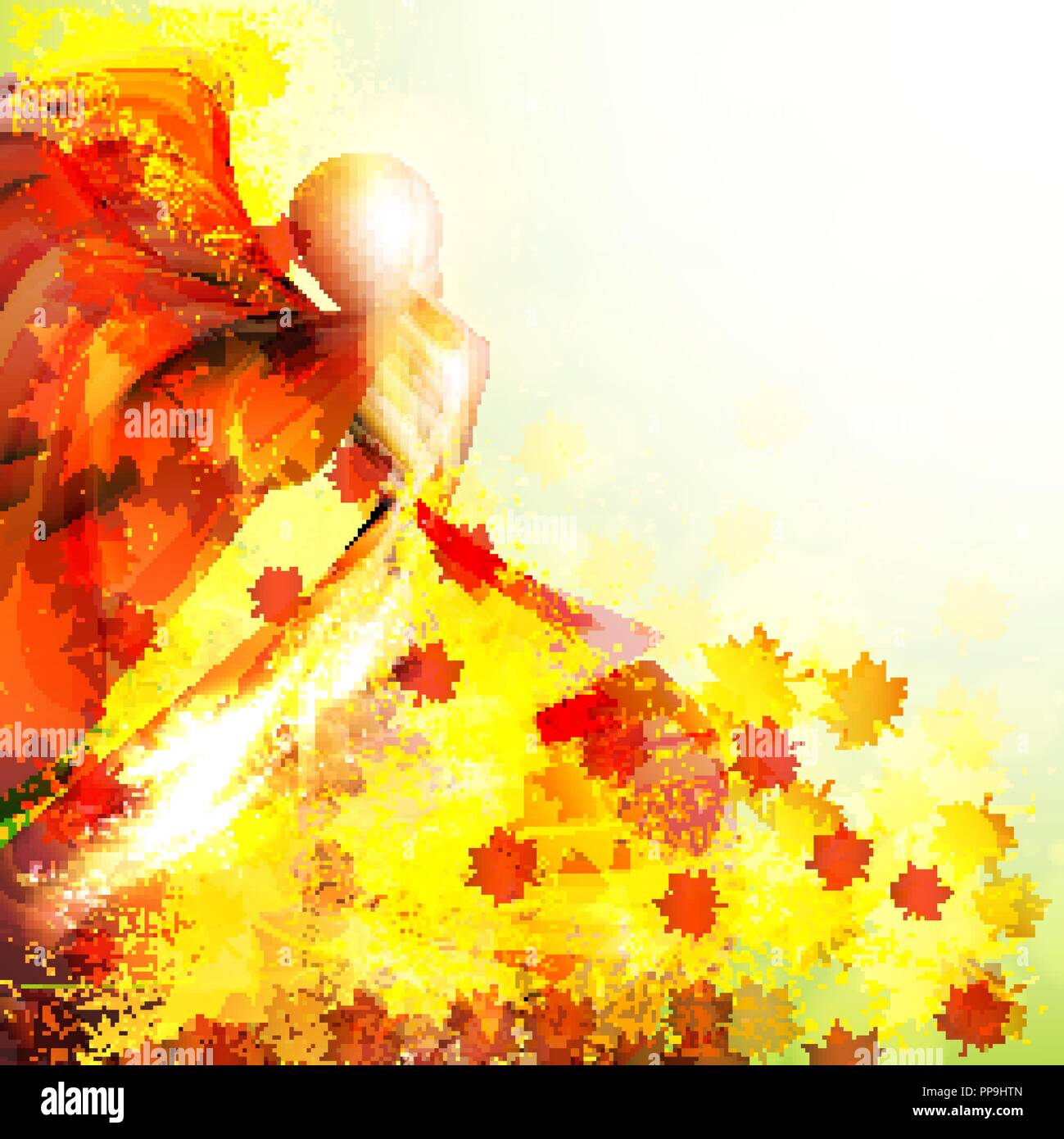 Silhouette of the woman dancing in the autumn leaves. Autumn vector ...