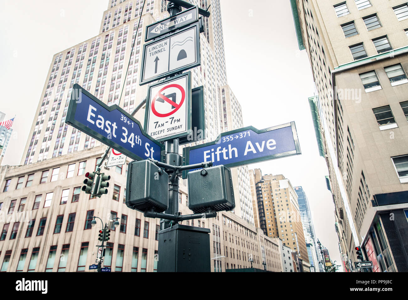 Street sign of Fifth Ave and East 34th street in front of Empire State ...
