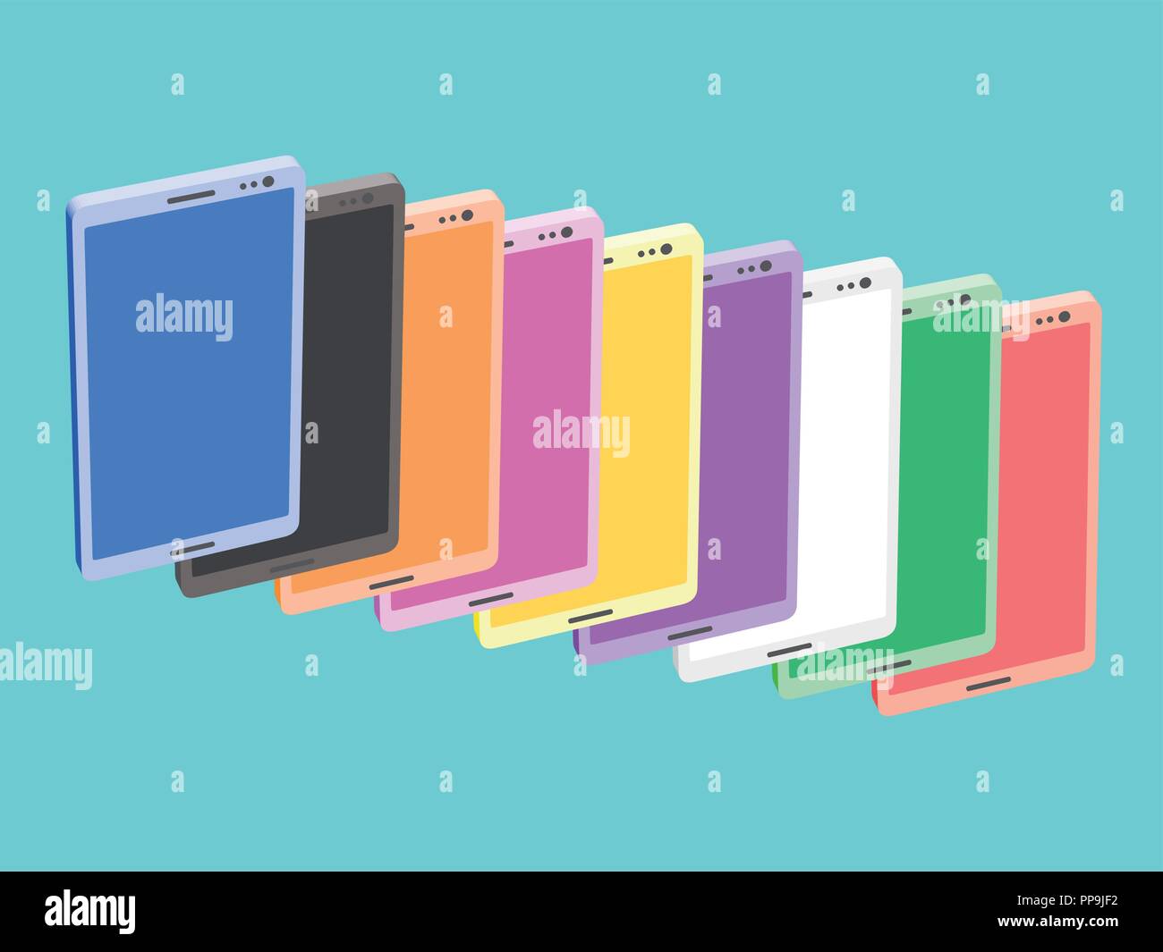 Several phones in different colors. Colorful background with phones ...