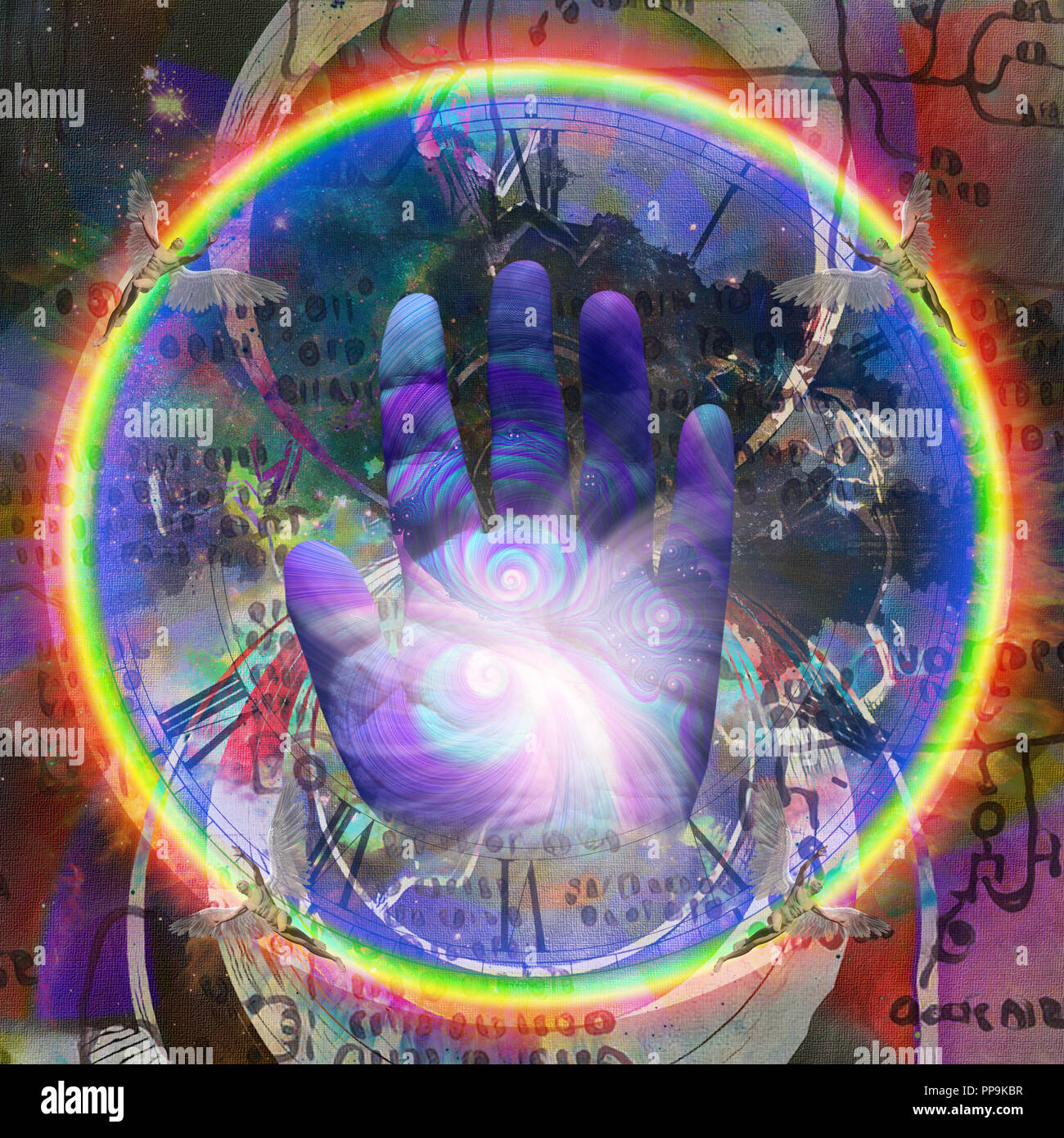 Colorful human palm hand. Winged men represents angels. Ancient symbols ...