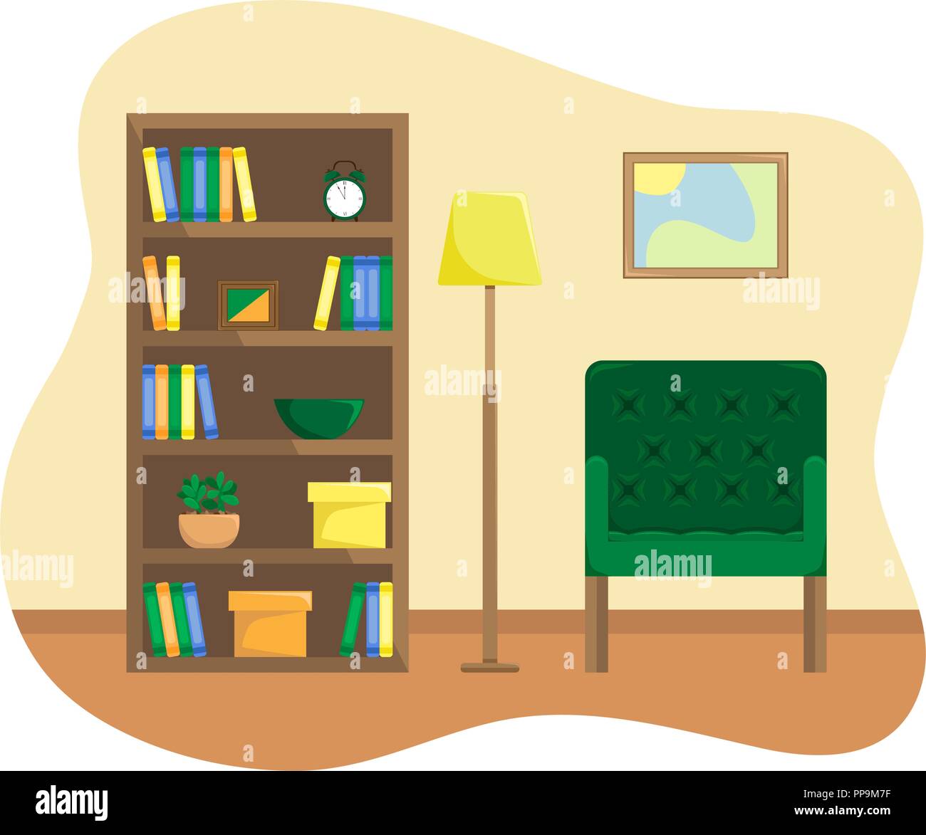 Flat illustration of reading room with an armchair, bookcase and floor ...