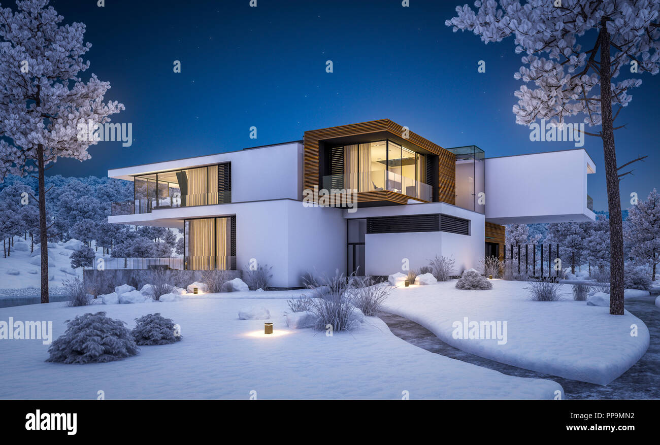 3d rendering of modern cozy house by the river with garage. Cool winter ...