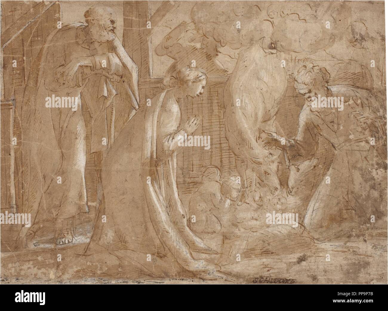 Anonymous / 'Nativity / Adoration of the Shepherds'. XVI century. Wash ...