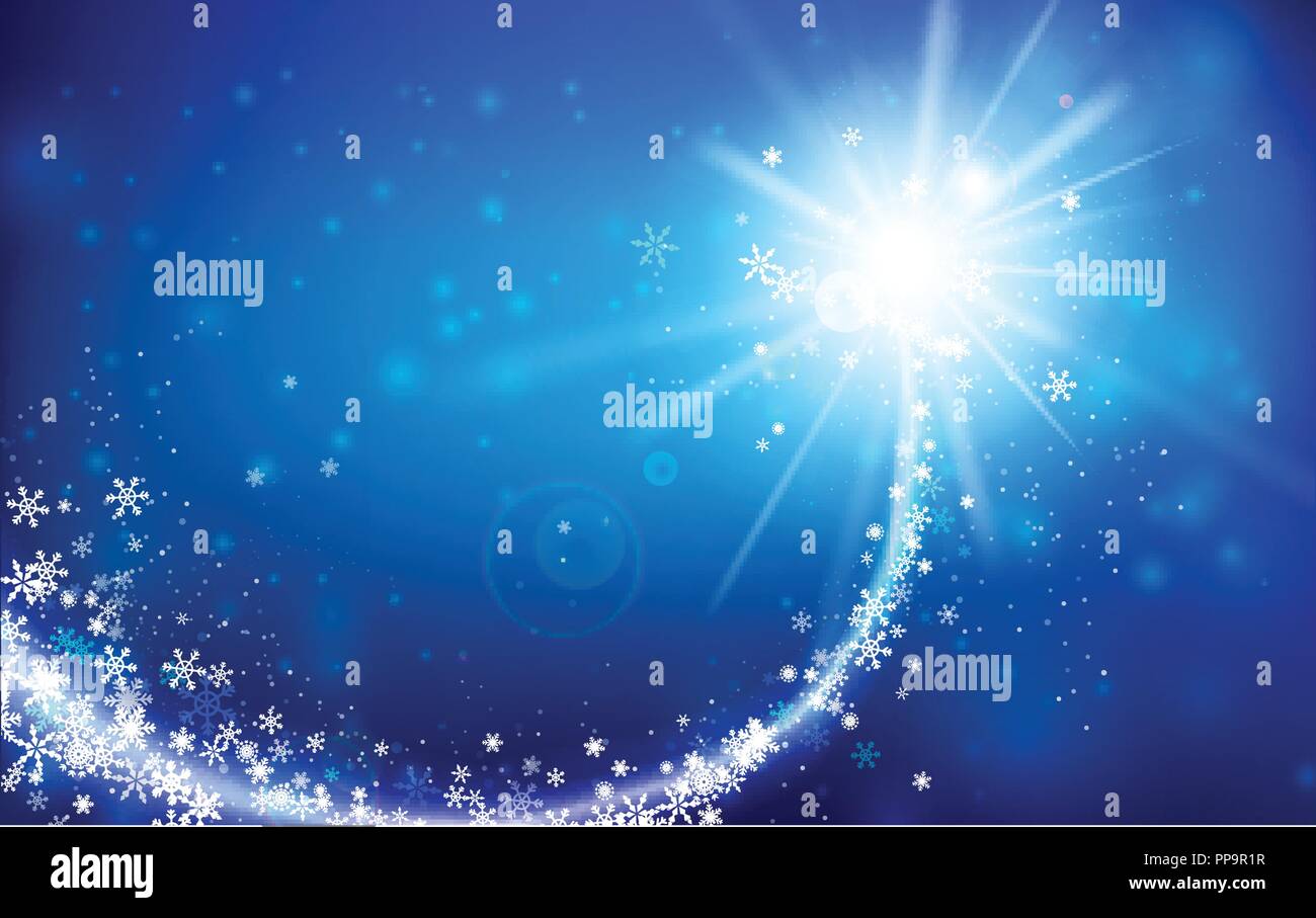 Winter snowflake falling into snow floor and lighting over blue ...