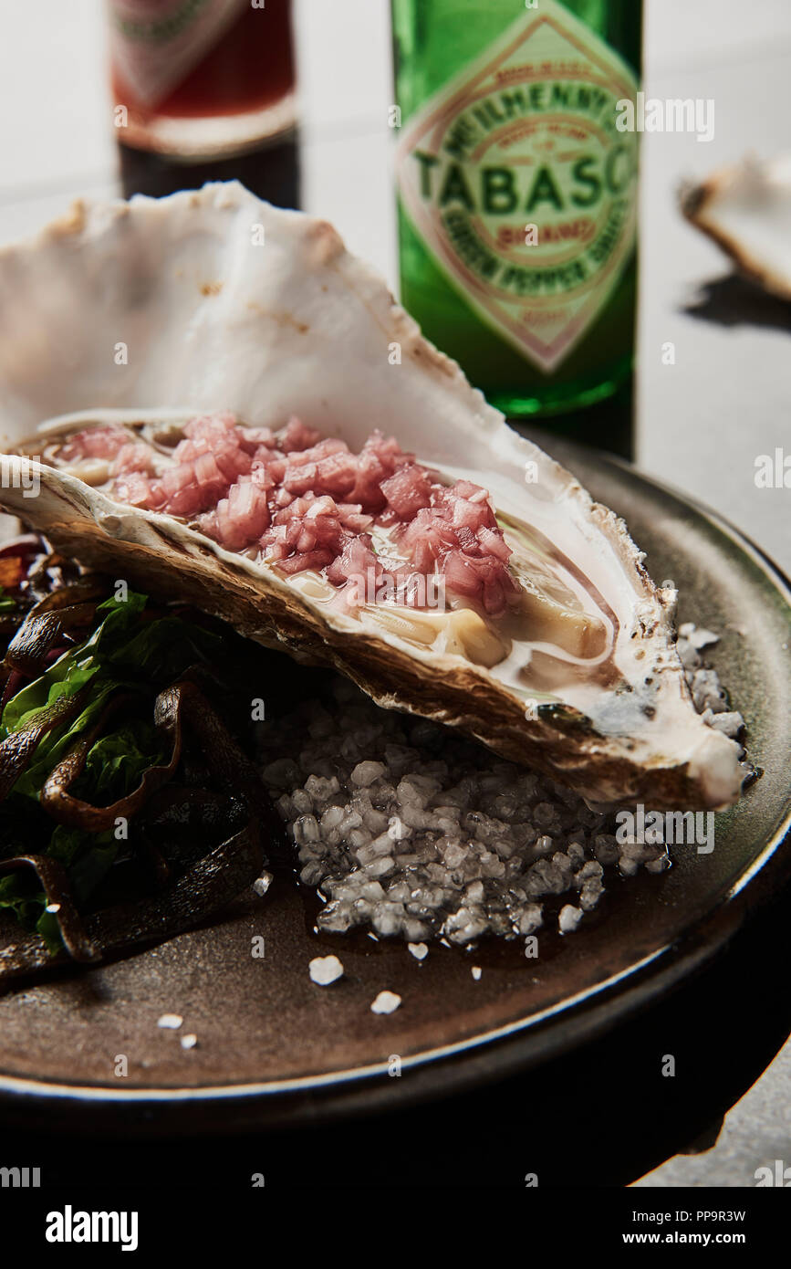 Classic Delicious sea fresh healthy oyster with chopped shallots ...