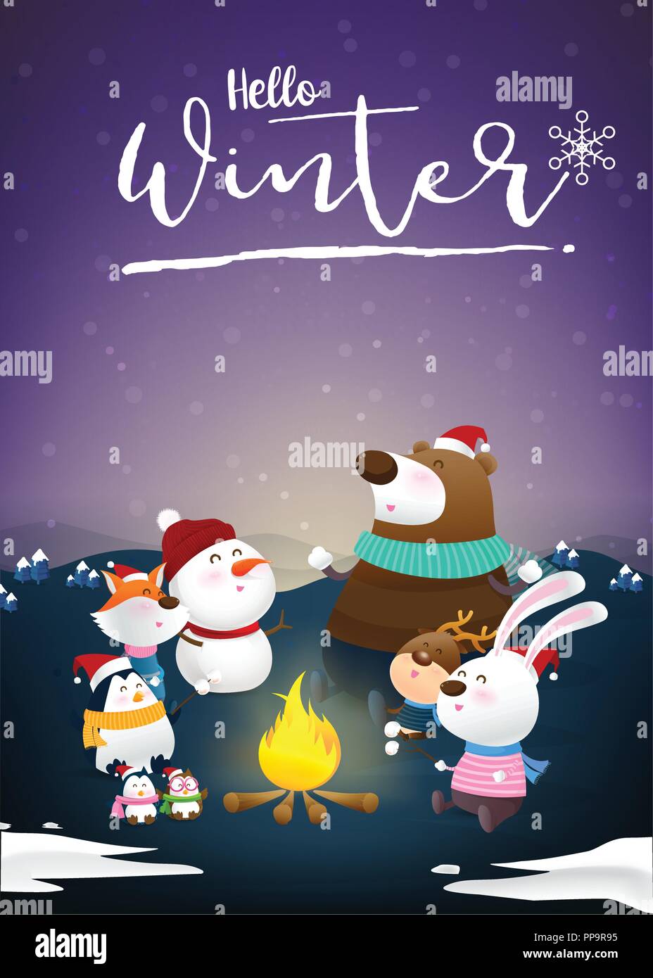 Hello winter calligraphy with animal friends cartoon fox rabbit own ...